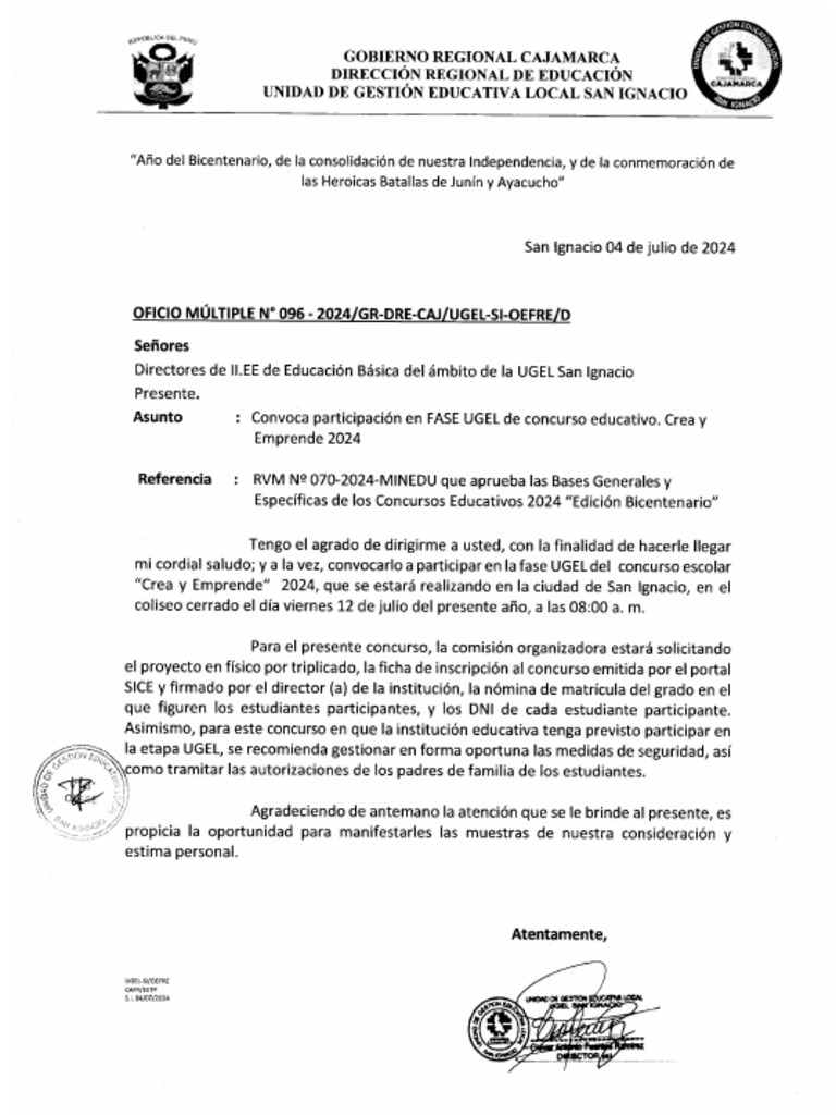 Oficio A Directivos CCYE ETAPA UGEL | PDF