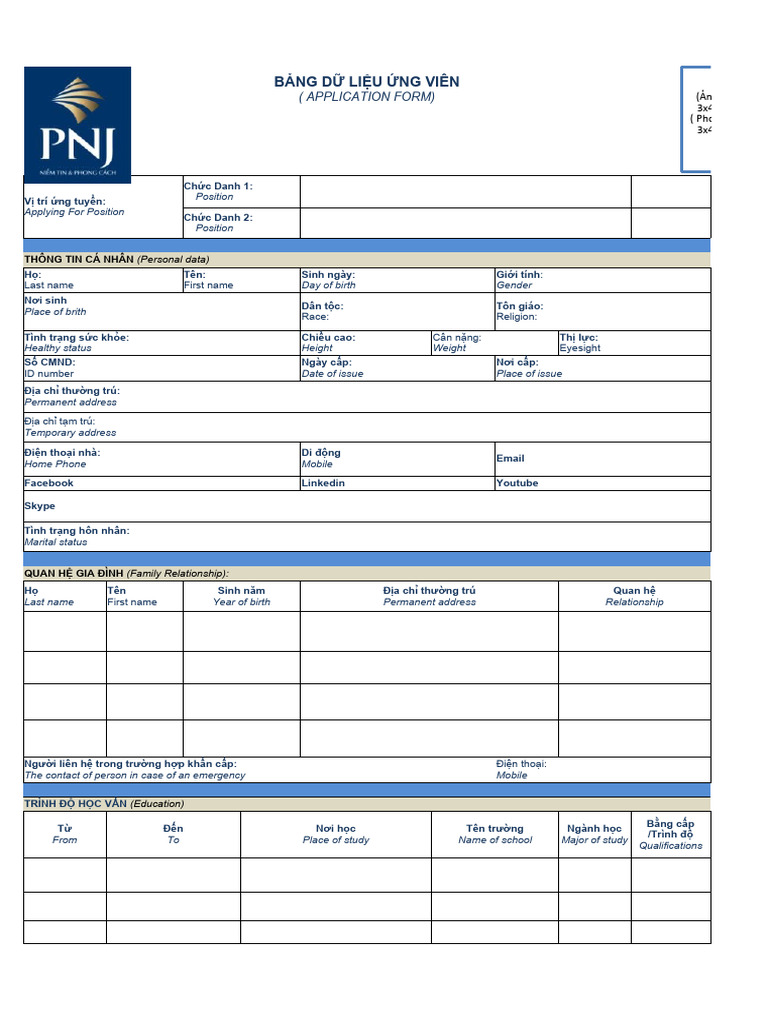 Mau - PNJ - Phieu - Thong Tin Ung Vien - Danh Cho CHT, KTCH, NVNV | PDF