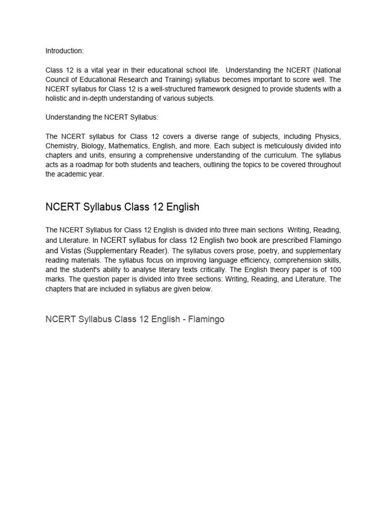NCERT Syllabus Class 12 English - Flamingo | PDF
