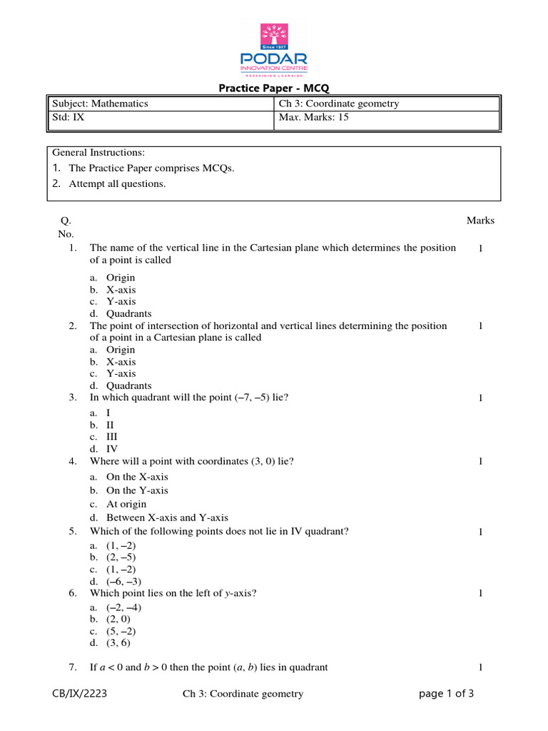 Qp Cb Ix Math Ch 3 Coordinate Geometry Mcq Pdf Cartesian Coordinate System Algebraic Geometry