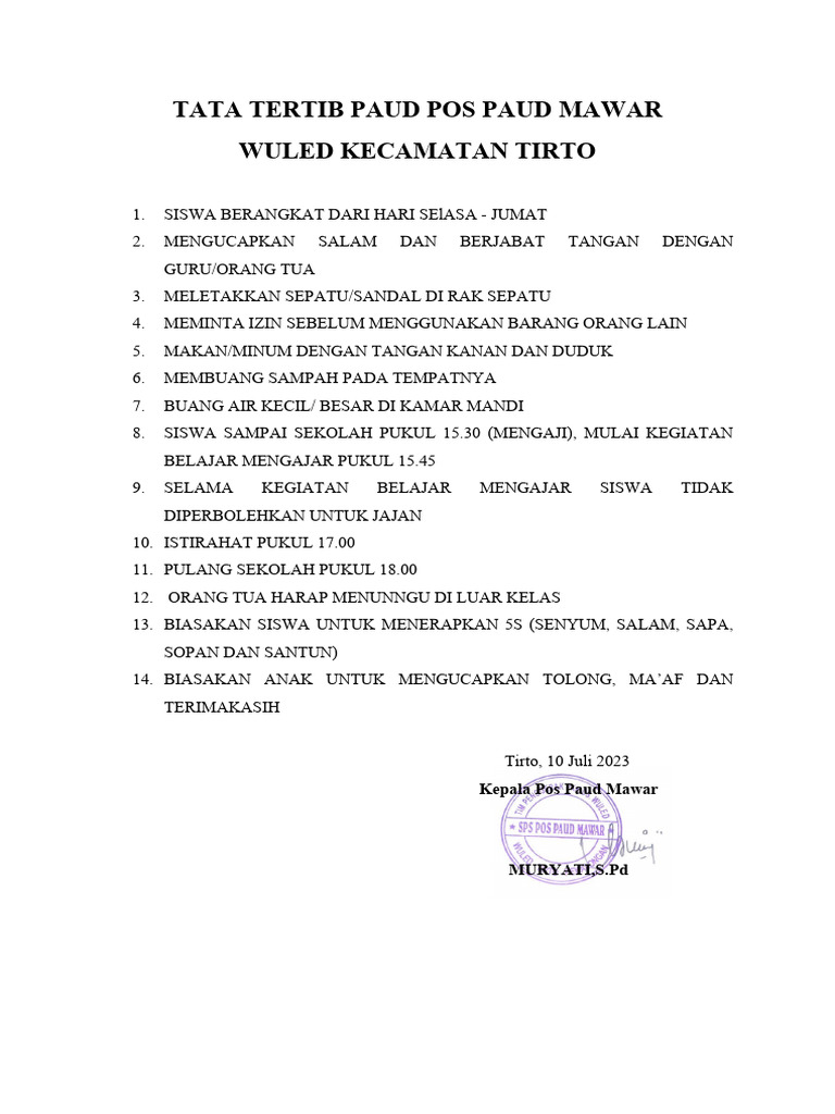 TATA TERTIB PAUD POS PAUD MAWAR | PDF