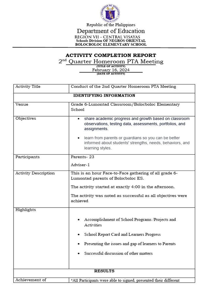 Pta Accomplishment Report Sy. 2023-2024 | PDF | Learning | Methodology