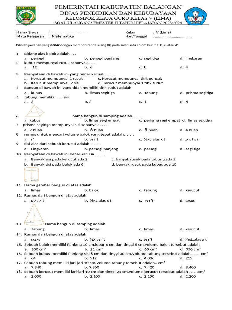 Soal MTK KLS V Semester 2 | PDF | Metode & Bahan Ajar
