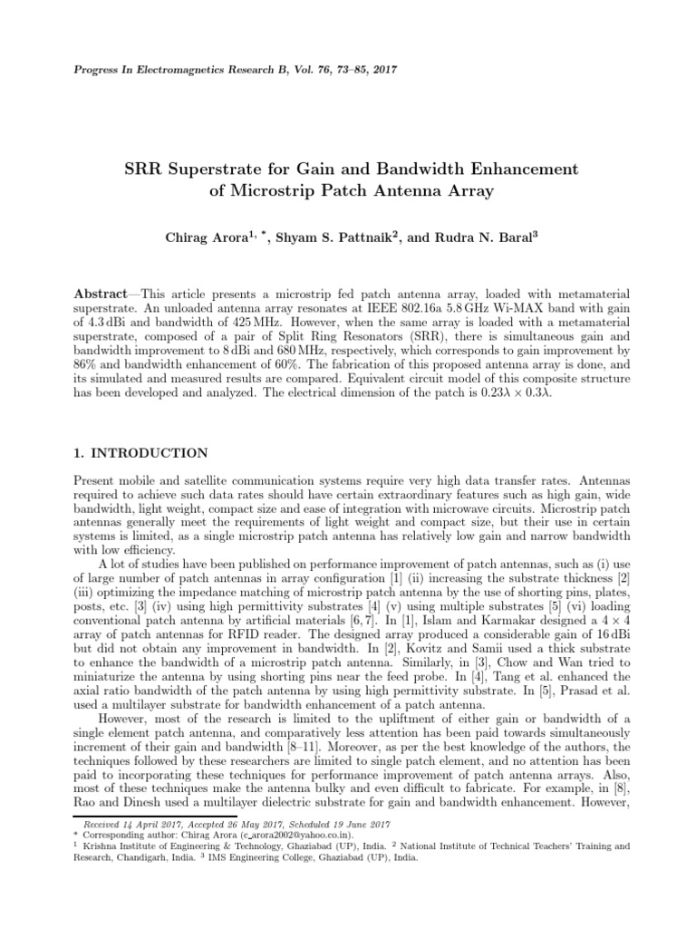 SRR Superstrate For Gain and Bandwidth Enhancement of Microstrip Patch Antenna Array | PDF ...