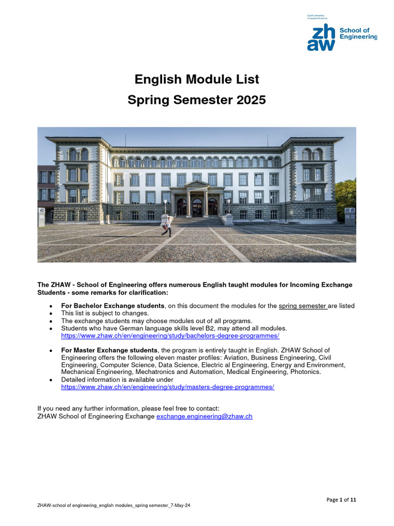 Spring Semester Zhaw School of Engineering | PDF | Engineering | Mechanical Engineering