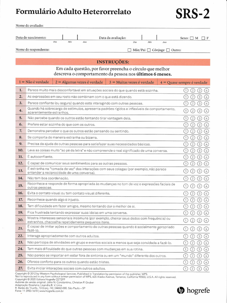 SRS 2 Formulario Adulto Heterorrelato | PDF | Psicologia | Ciências ...