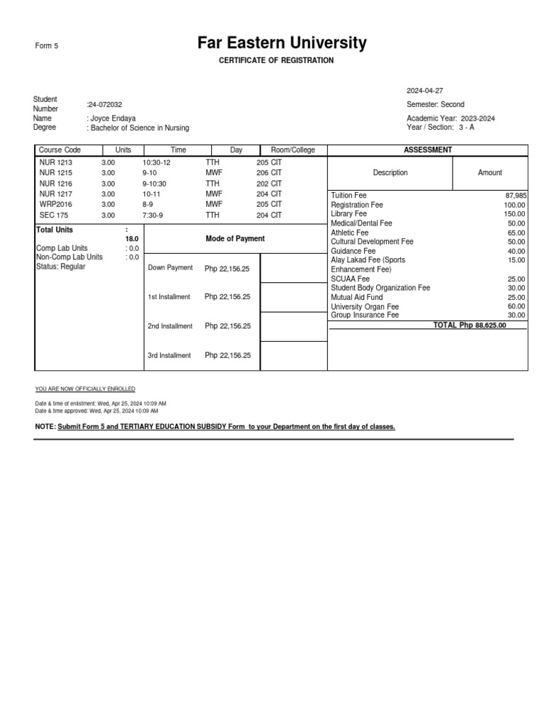 Form 5 - Far Eastern University | PDF | Fee | Health Care