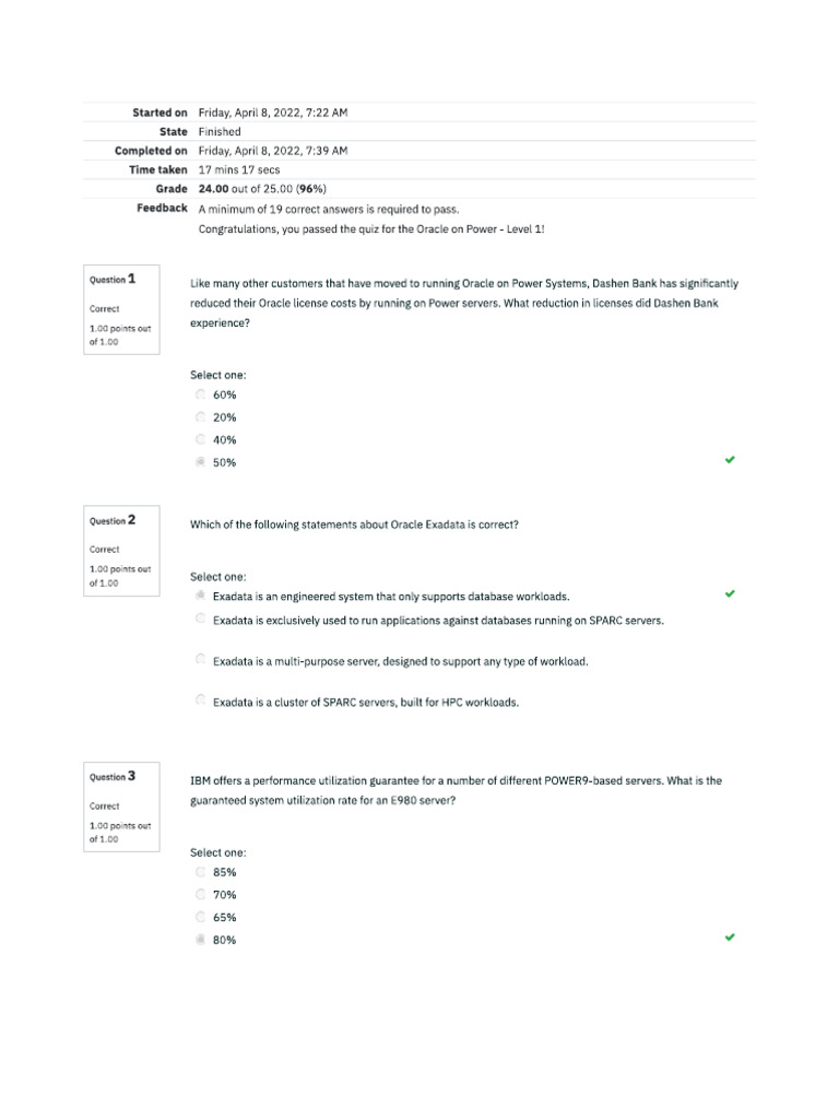 Oracle On IBM Power Systems - Level 1 Quiz | PDF