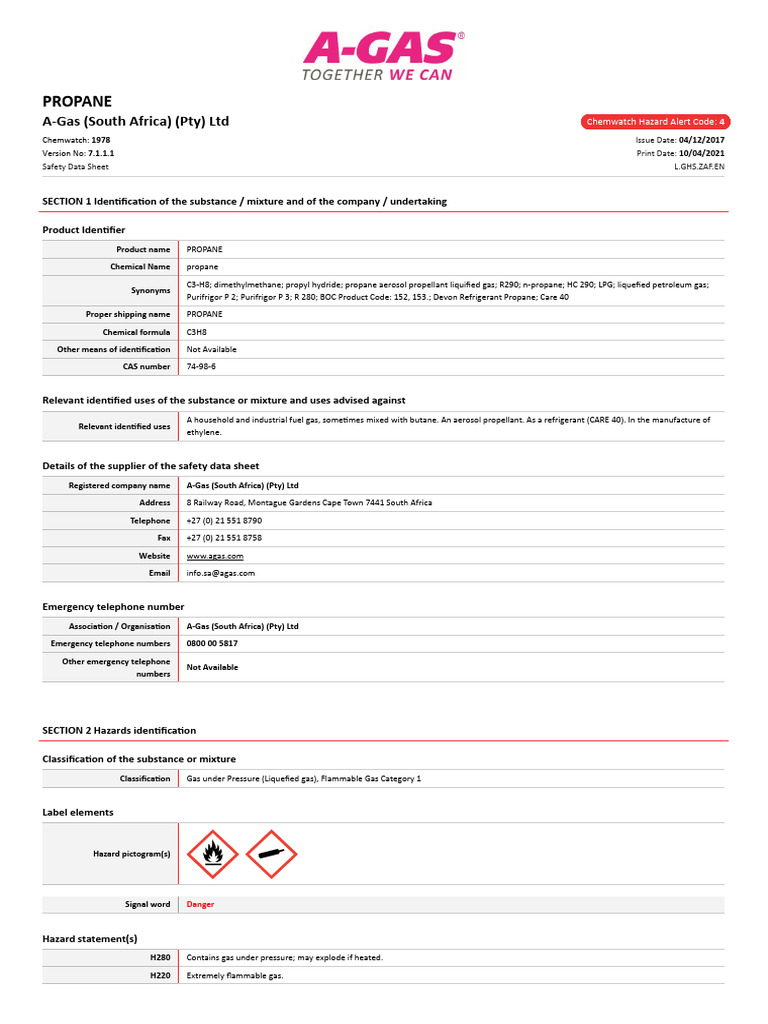 A-Gas R290 SDS | PDF | Liquefied Petroleum Gas | Propane