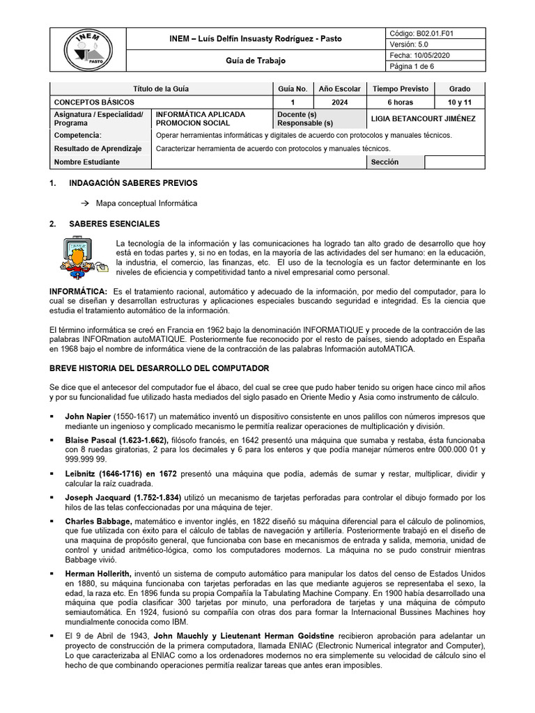 Guia de trabajo 1. Informática Aplicada. Conceptos Básicos | PDF | Hardware de la computadora ...