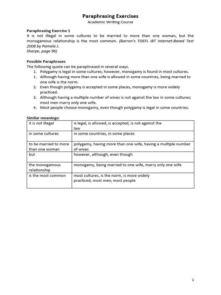 Paraphrasing Exercises | PDF | Monogamy | Polygamy