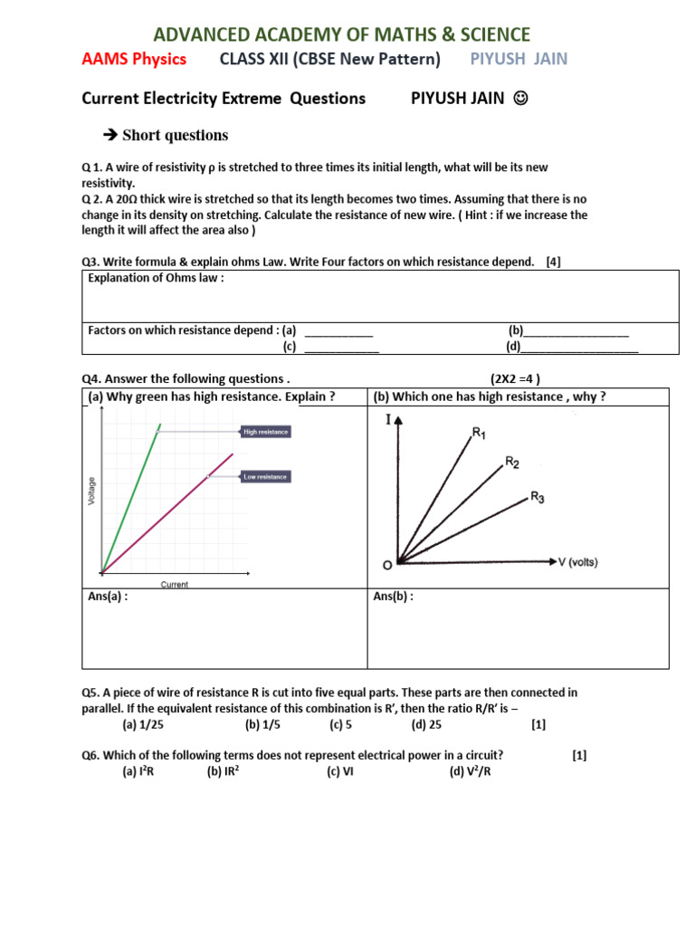 Current Electricity Main ch-3 Questions | PDF | Electrical Resistance ...