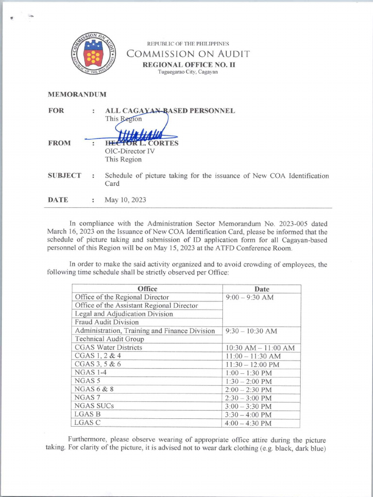 Schedule of Picture Taking for the Issuance of New COA ID | PDF