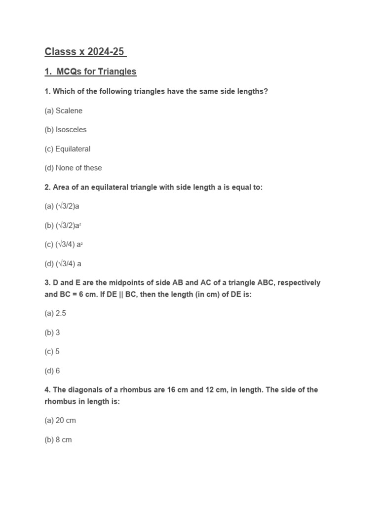 Classs_x_2024_mcq_triangles.1713546602 | Download Free PDF | Triangle | Area