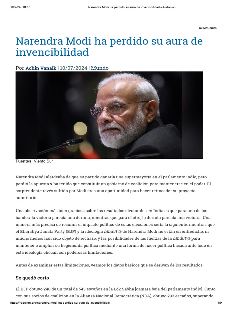 Narendra Modi Ha Perdido Su Aura de Invencibilidad - Rebelion | PDF ...