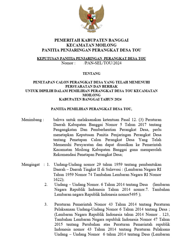 Penetapan Calon Perangkat Desa Tou 2024 | PDF