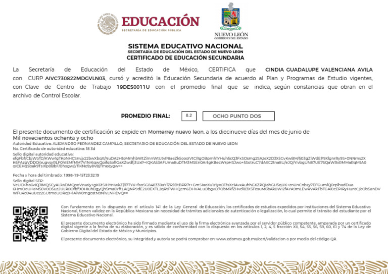 Certificado de Educación Secundaria Cindia | PDF