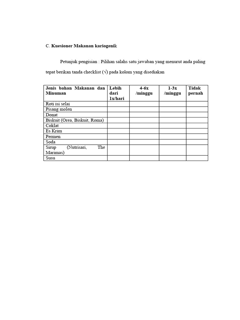 Kuesioner Makanan Kariogenik Azuraa | PDF