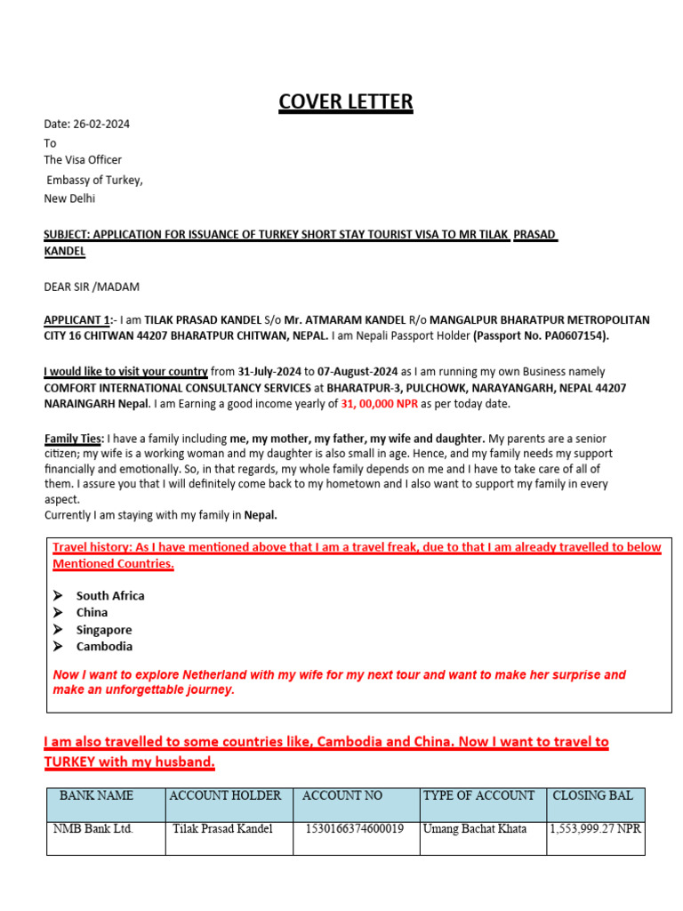 Cover Letter - Tilak Spouse | PDF | Travel Visa | Government And Personhood