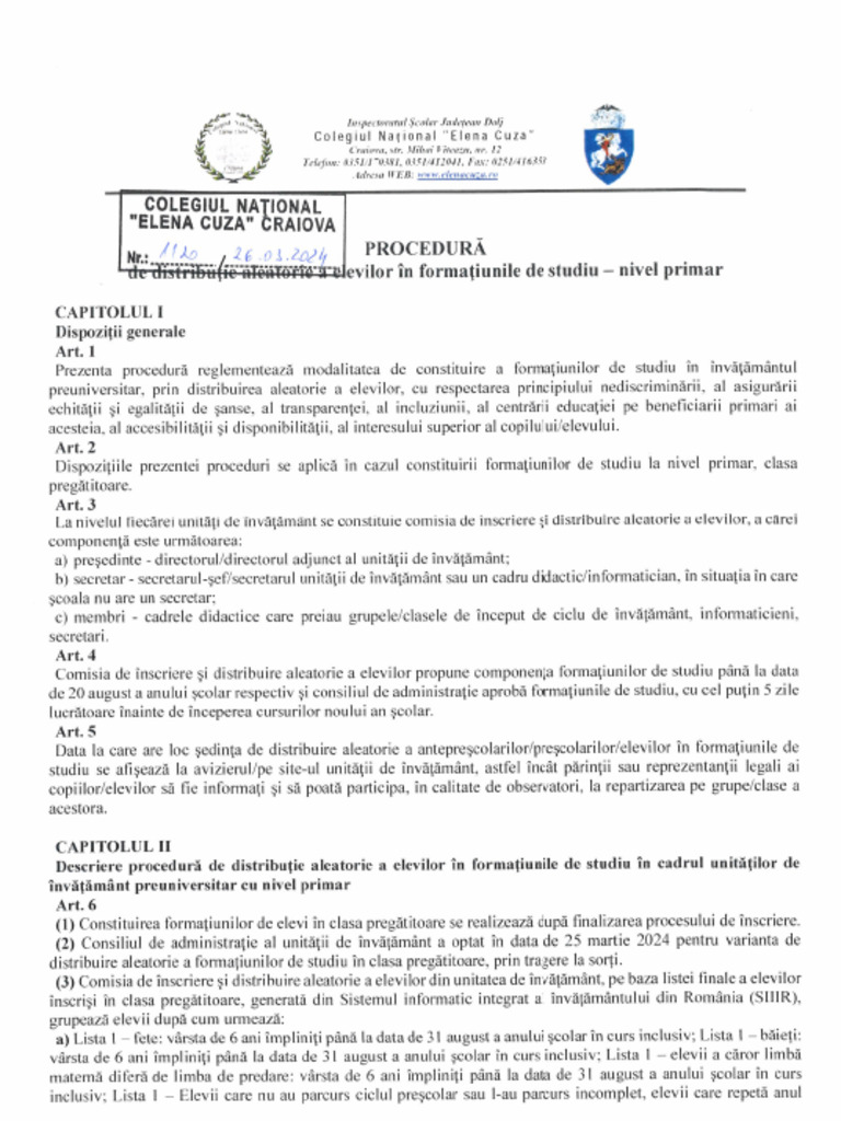 Procedura Distribuire Elevi CP | PDF