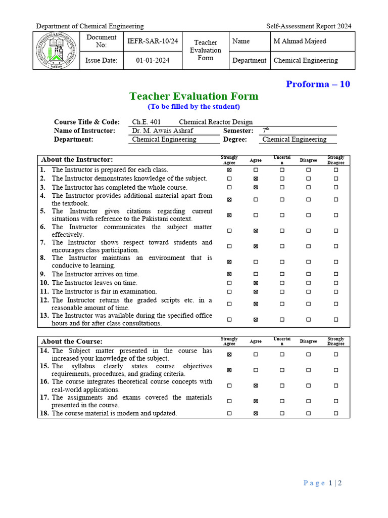 CRD Proforma 10 Teacher Evaluation Form 1 | PDF | Teachers | Learning