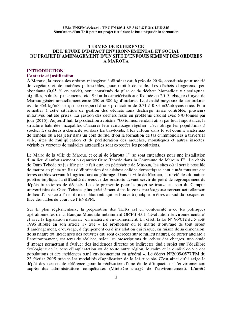 Termes de Référence TP EIES | PDF | Décharge (déchet) | Déchet ménager
