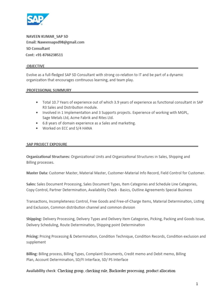 Naveen Kumar SAP SD... Word | PDF | Pricing | Consultant