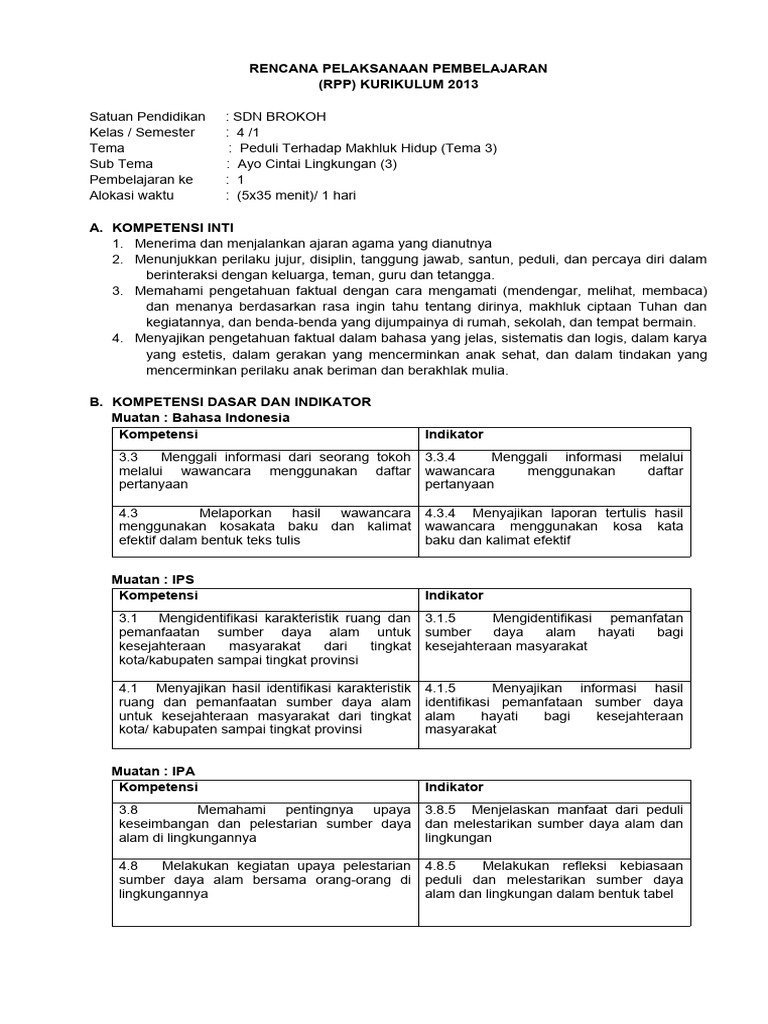 RPP KLS 4 Tema 3 Sub Tema 3 PB 1 | PDF