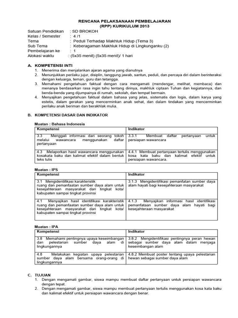 RPP KLS 4 Tema 3 Sub Tema 2 PB 1 | PDF