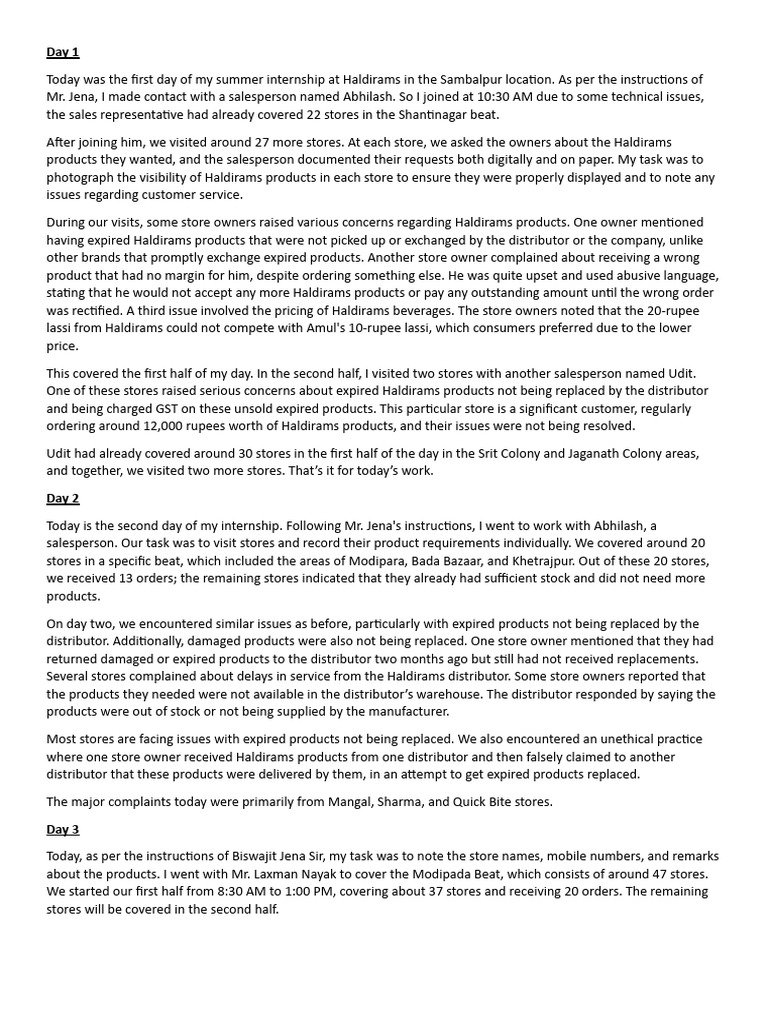 SIP Day by Day Work at Haldirams | PDF | Sales | Marketing