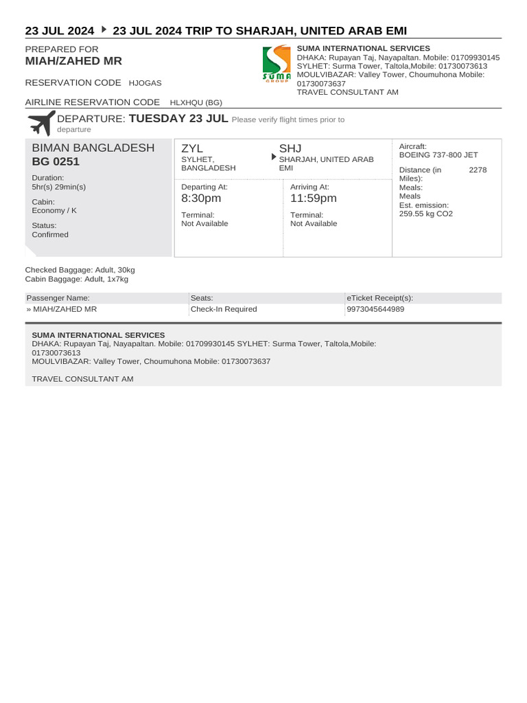 Travel Reservation July 23 For MR ZAHED MIAH | PDF | Airlines | Aircraft