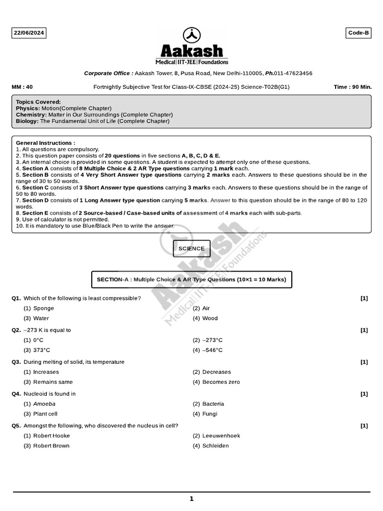 FST-2B (CBSE - G-1) Science (C-09) (22-06-2024) | PDF