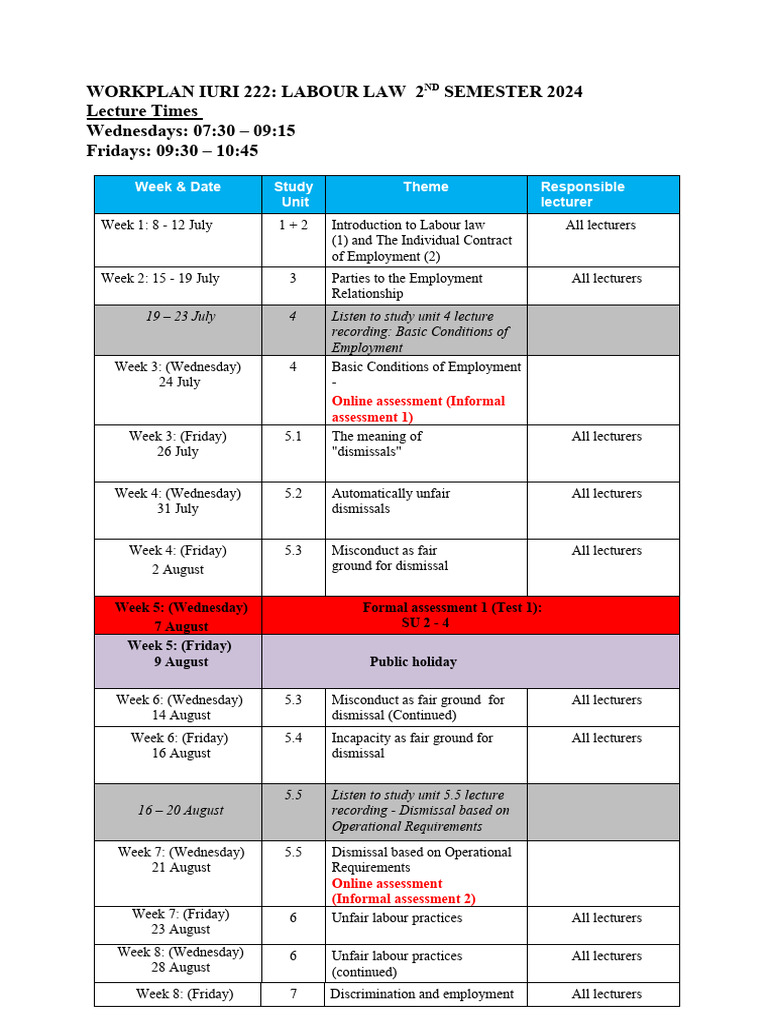 IURI 222 Semester Plan 2024 | PDF | Labor Relations | Private Law