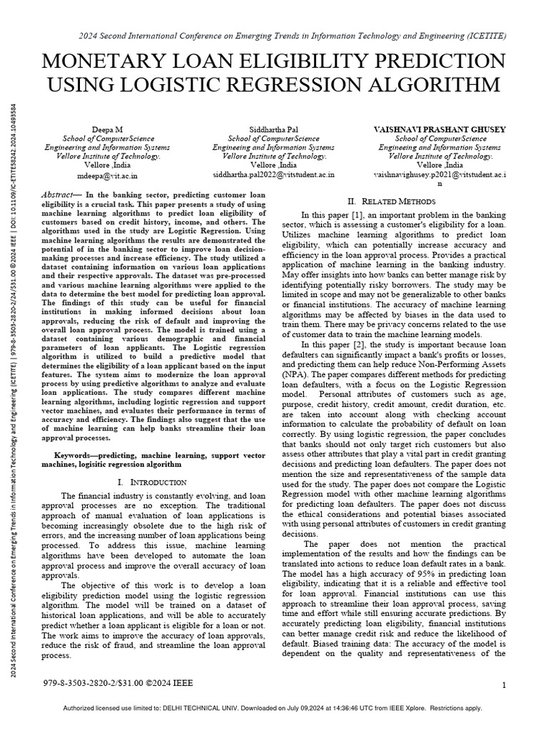 Monetary Loan Eligibility Prediction Using Logistic Regression ...