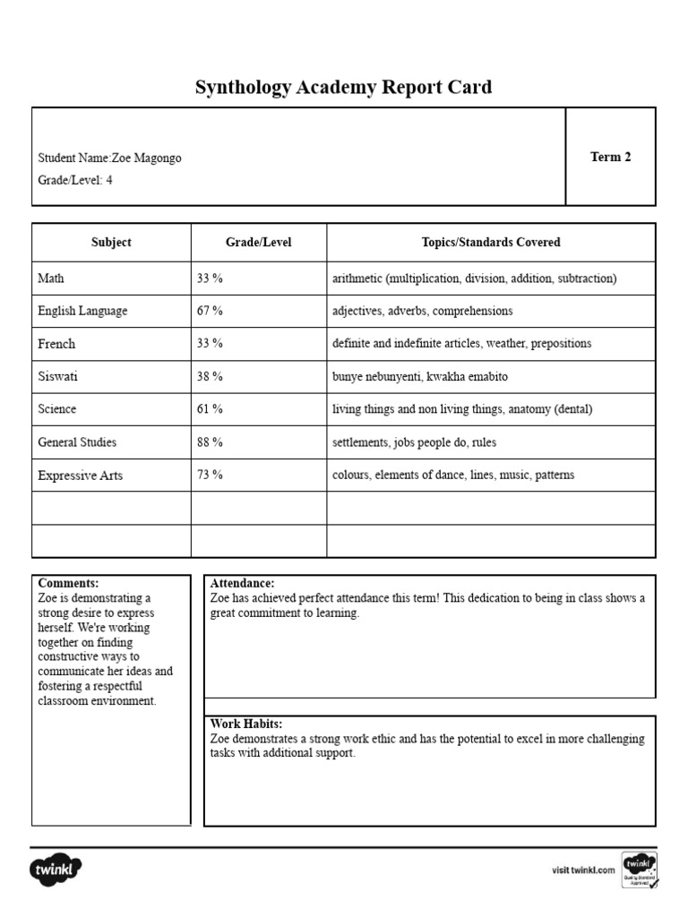 Synthology Academy Report Card: French Siswati | PDF | Homeschooling ...