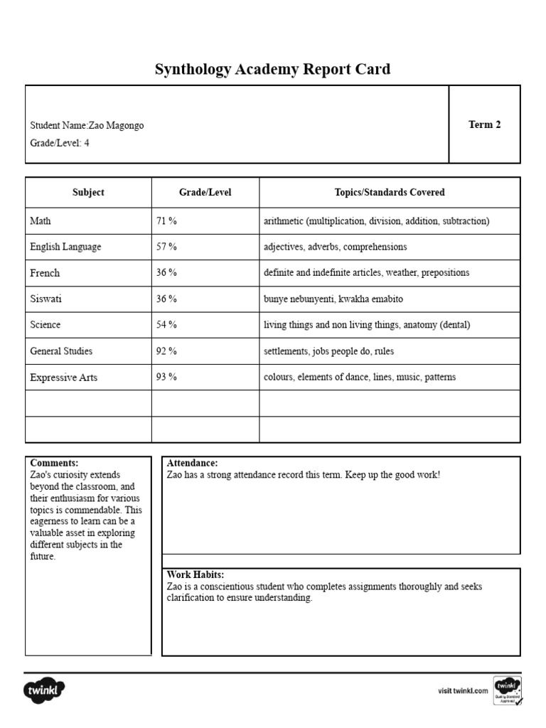 Synthology Academy Report Card: French Siswati | PDF | Homeschooling ...