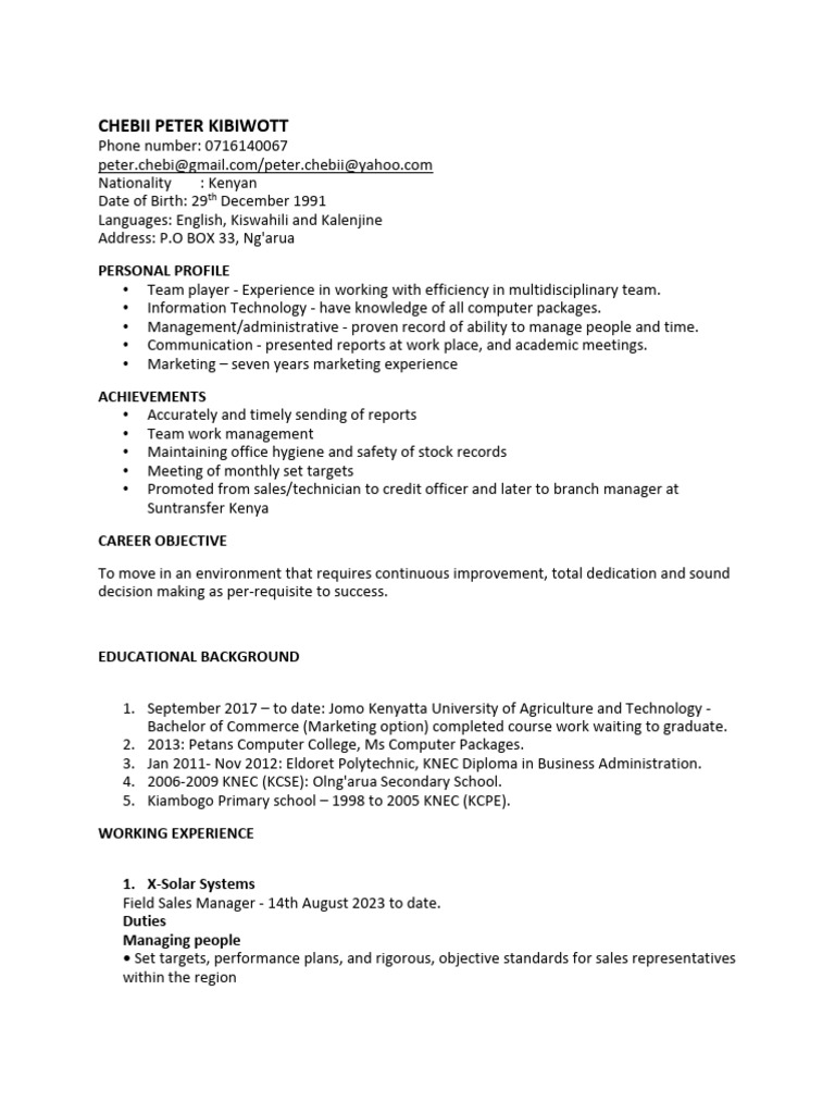 Peter Kibiwott Chebii's Curriculum Vitae | PDF | Sales | Customer Relationship Management