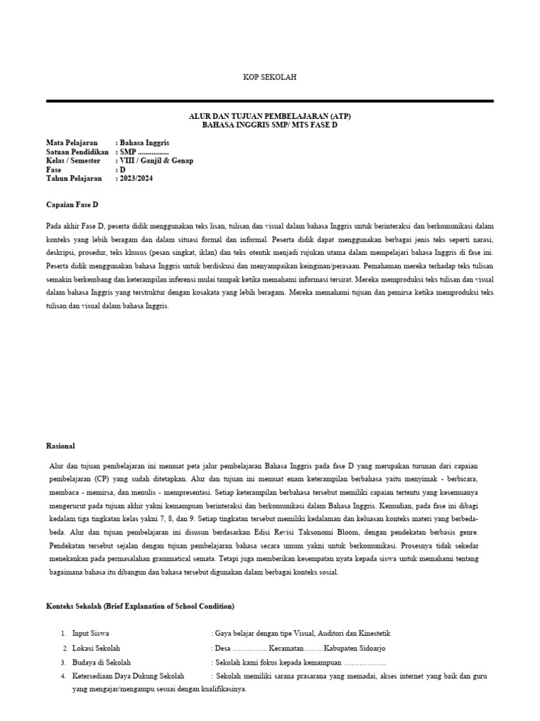 WONDERFUL INSIGHT ENGLISH FOR SMP - MTS GRADE 8-ATP (Alur Tujuan ...