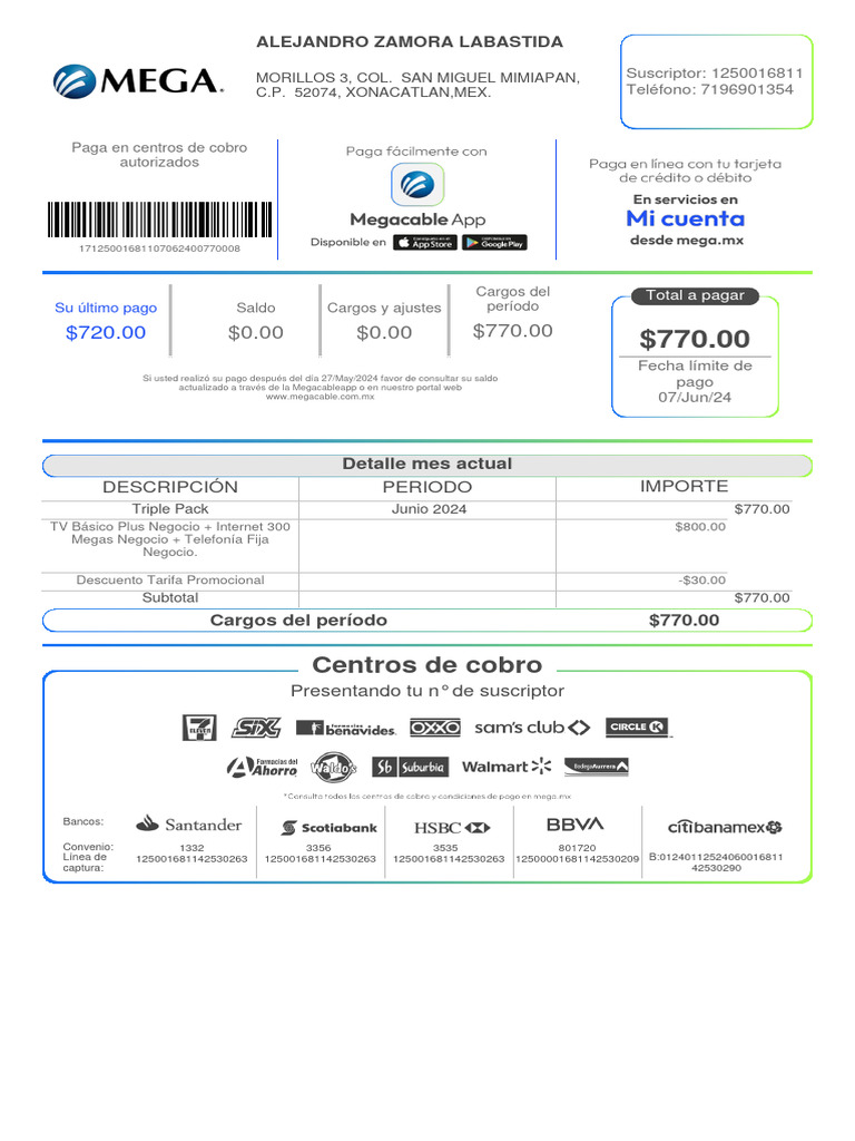 Megacable Recibo Editable | PDF | Industrias de servicio ...