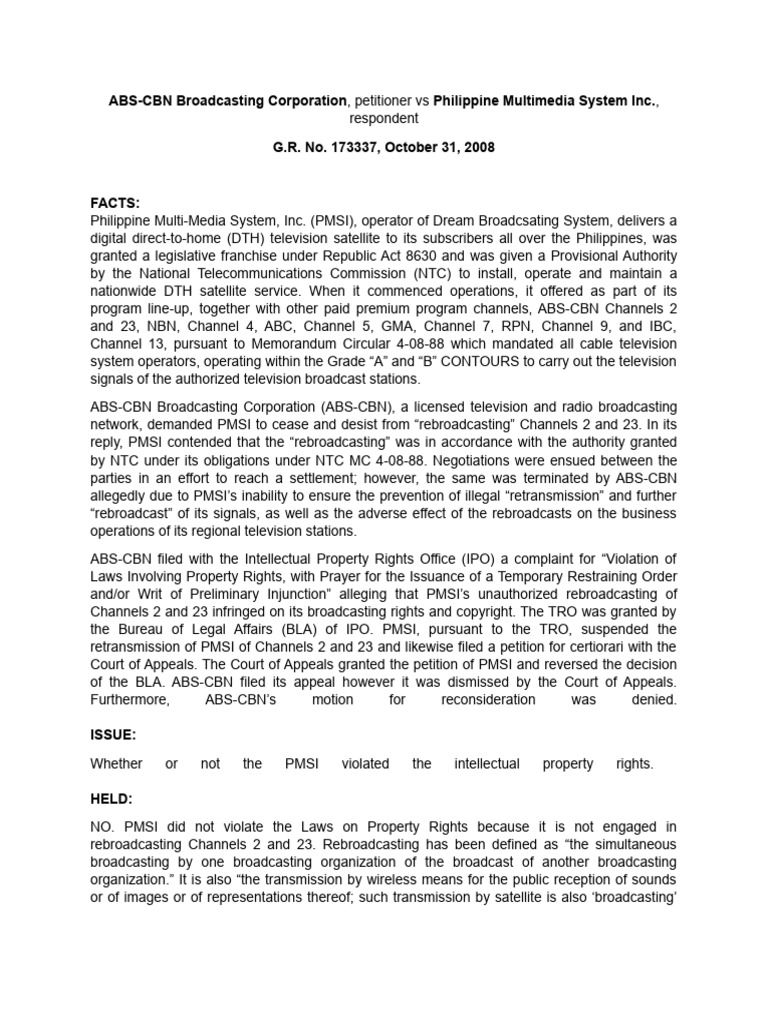 ABS-CBN Broadcasting Corporation v. Philippine Multimedia System, Inc ...