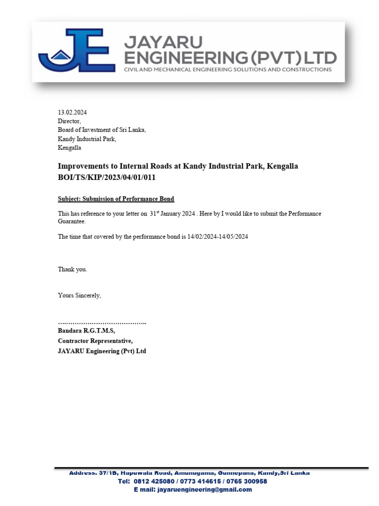Performance Bond Submission for Kandy Park | PDF | Technology & Engineering