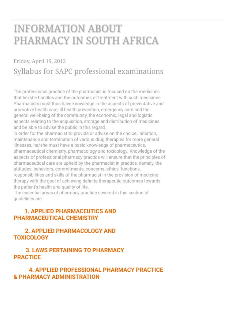 SOUTH AFRICA - Syllabus For SAPC Professional Examinations | PDF | Pharmaceutical Formulation ...