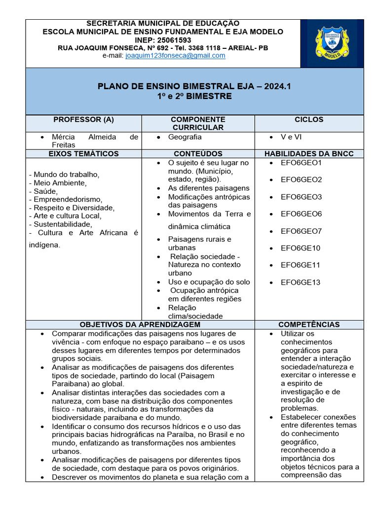 Cópia de PLANO DE ENSINO BIMESTRAL - EJA - 2024.1 | PDF | Geografia ...