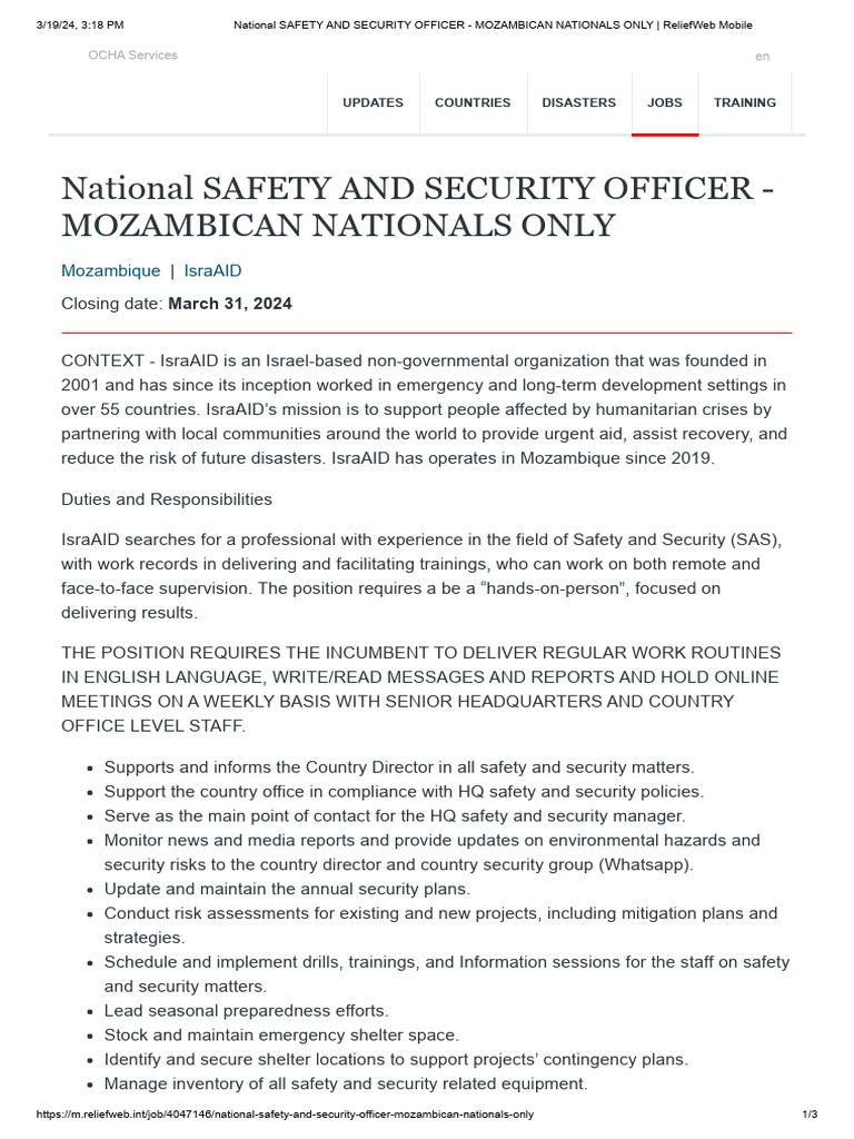 National Safety Officer Job in Mozambique | PDF | Non Governmental ...