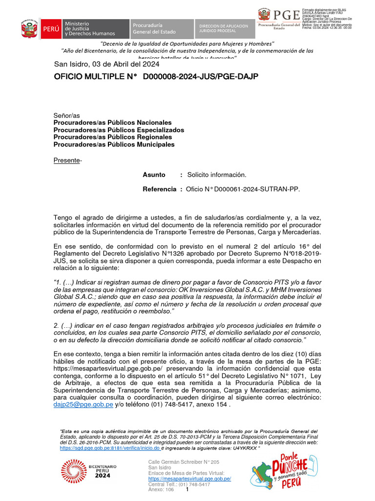 Oficio Multiple 000008 2024 Dajp Unido | PDF | Demanda judicial | Justicia