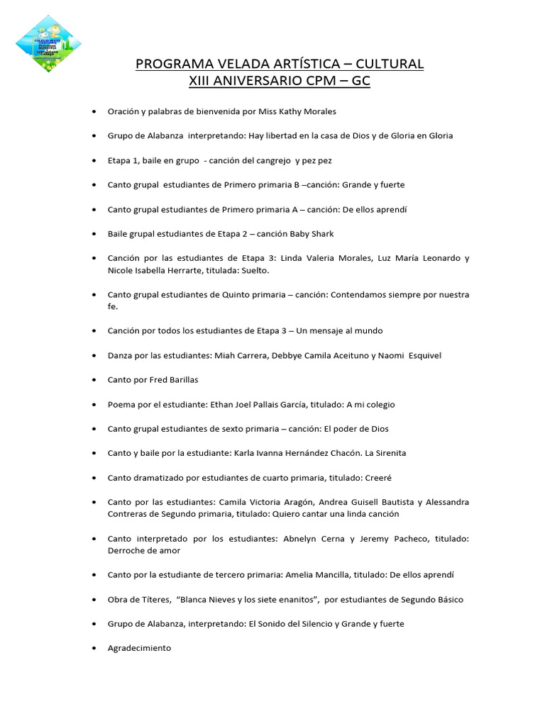 Programa Velada Artística Xiii Aniversario | PDF