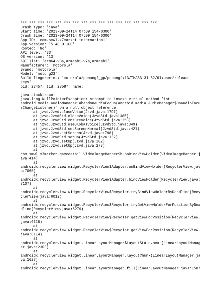 Java Crash Report for X7Market App | PDF | Java (Programming Language) | Software Development