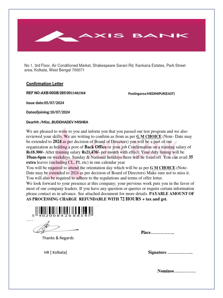 Confirmation Letter (Axis Bank) | PDF | Finance & Money Management