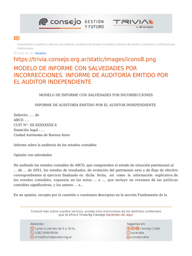 508396-Modelo de Informe Con Salvedades Por Incorrecciones. Informe de Auditoria Emitido Por El ...