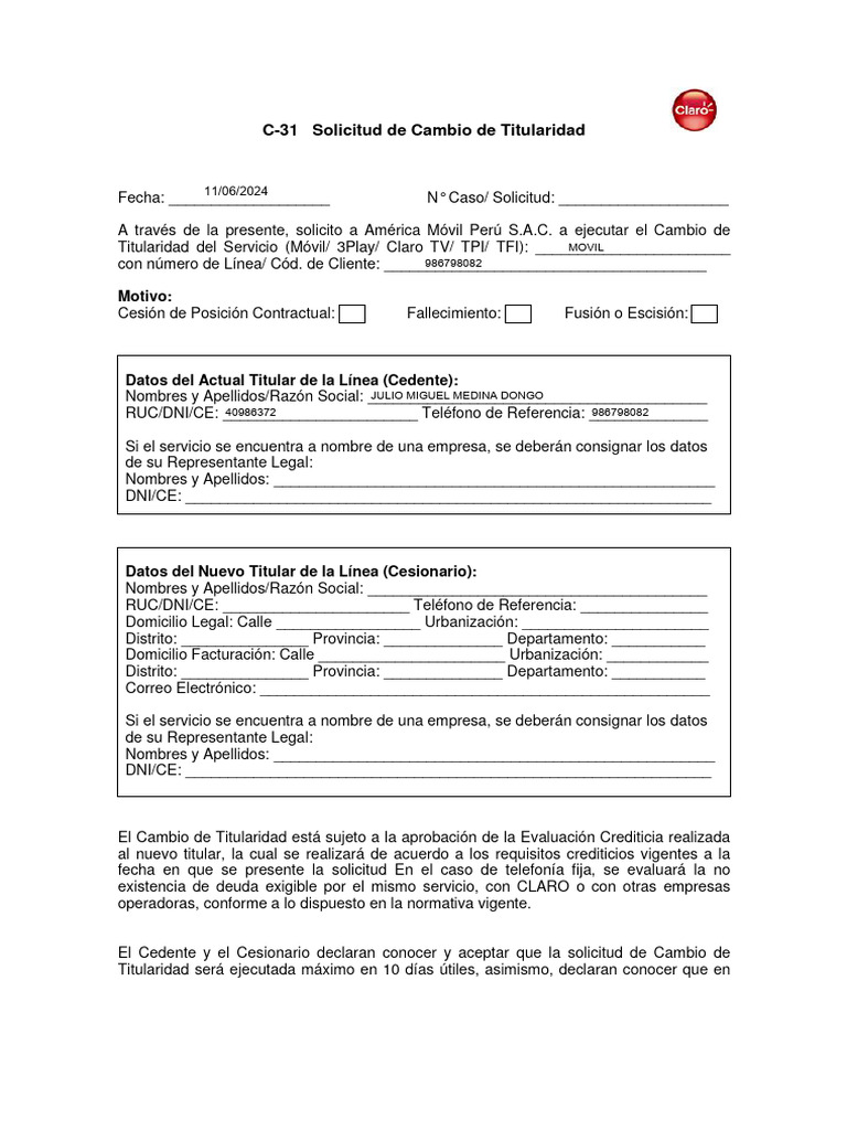 Formato C-31 Acuerdo de Adquisión de Servicio Por Cambio de Titularidad ...